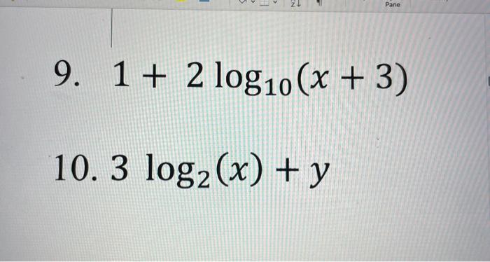 Solved 9. 1+2log10(x+3) 10. 3log2(x)+y | Chegg.com