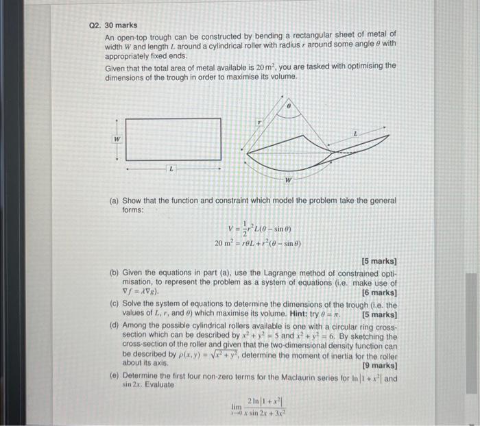 Solved Q2. 30 marks An open-top trough can be constructed by | Chegg.com