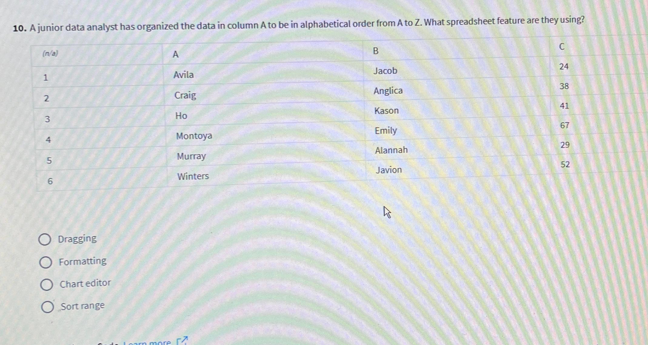 Solved A junior data analyst has organized the data in | Chegg.com