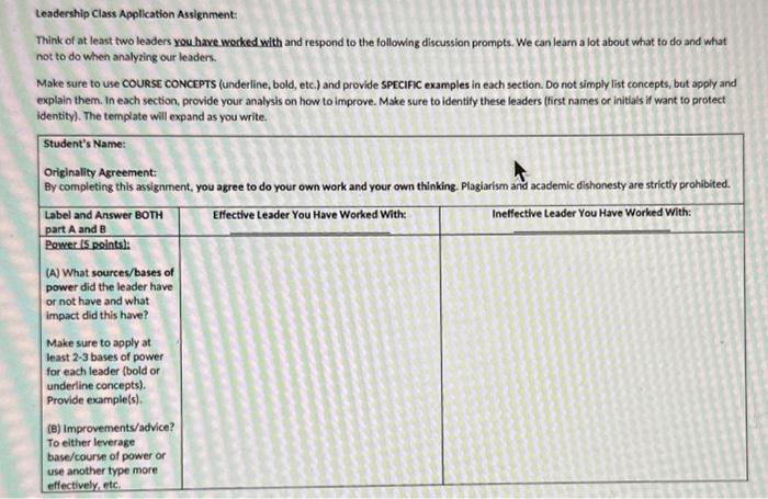 Solved Leadership Class Application Asslgnment: Think of at | Chegg.com