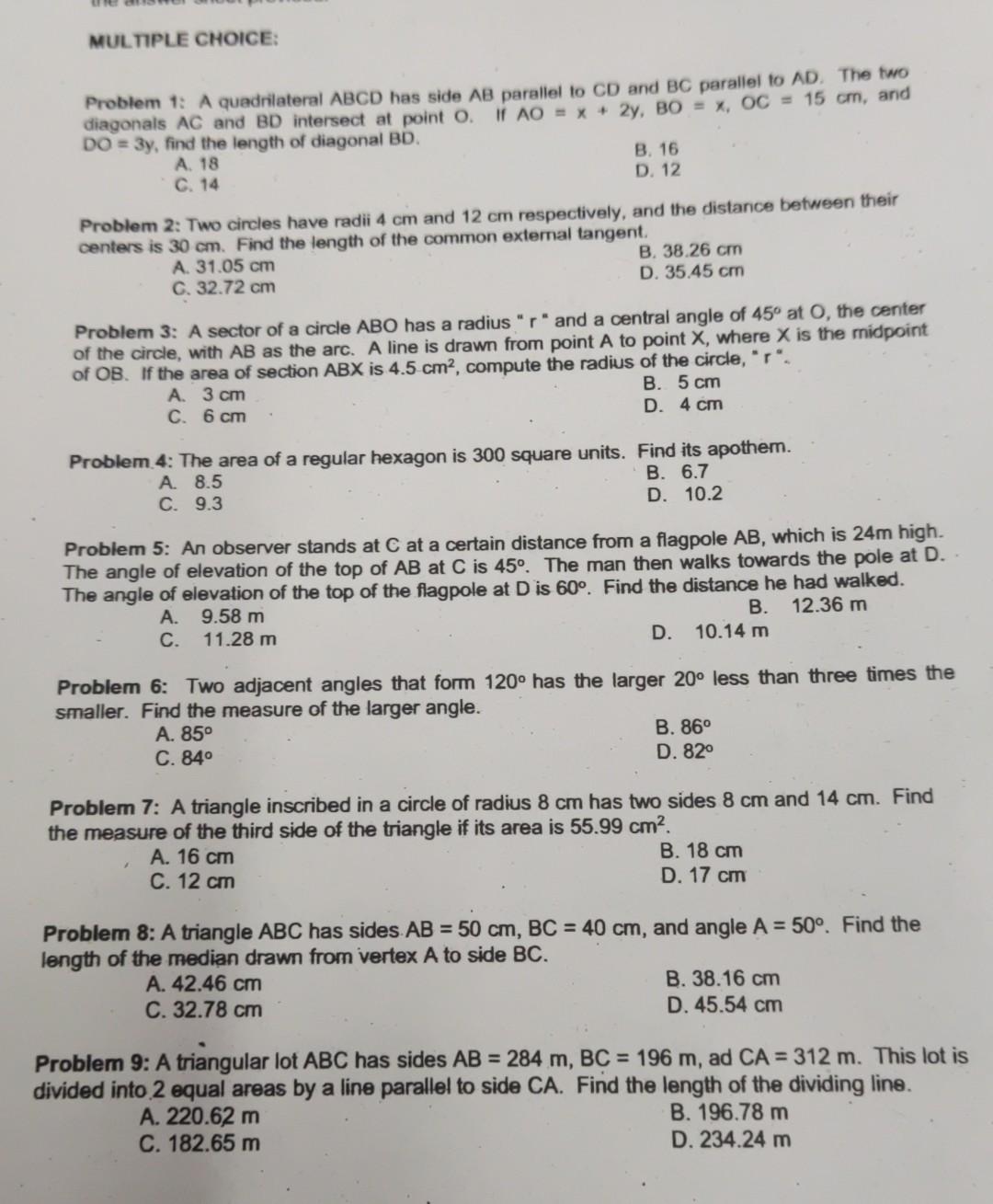 Solved MULTIPLE CHOICE: Problem 1: A quadriateral ABCD has | Chegg.com