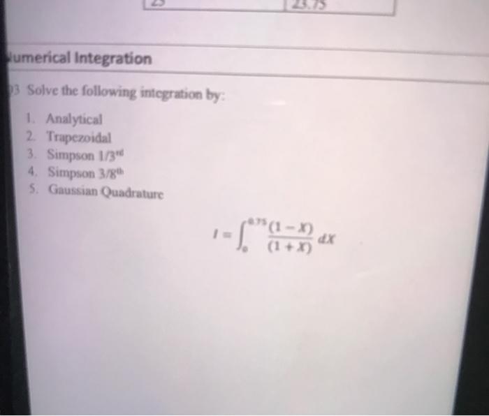 Solved umerical Integration Solve the following image by 1 | Chegg.com
