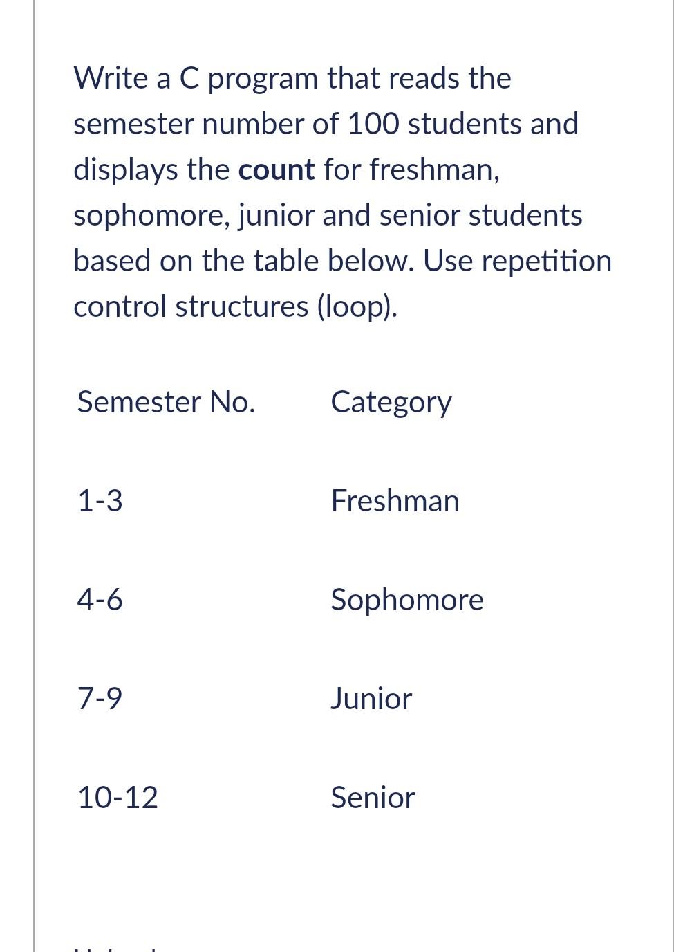 Solved Write a C program that reads the semester number of | Chegg.com