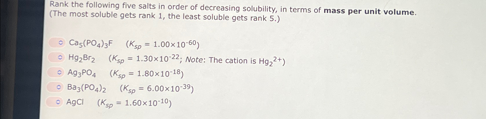 Solved Rank the following five salts in order of decreasing | Chegg.com