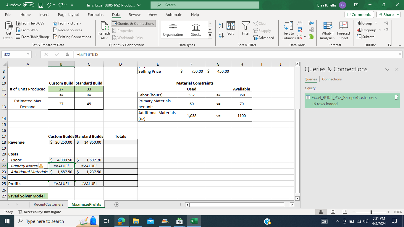 Solved Can Someone please help with this step?: In cell B21, | Chegg.com