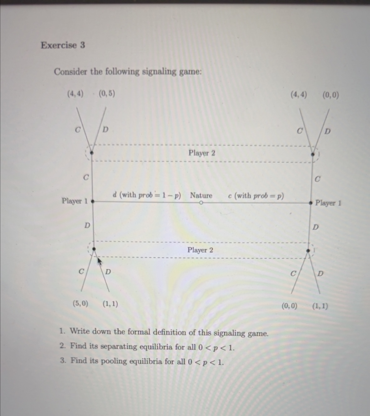 Solved Exercise 3Consider the following signaling game:Write | Chegg.com