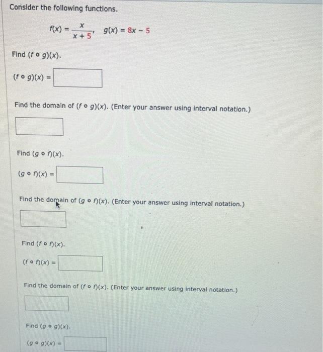Solved Consider the following functions. х f(x) = x + 5 g(x) | Chegg.com