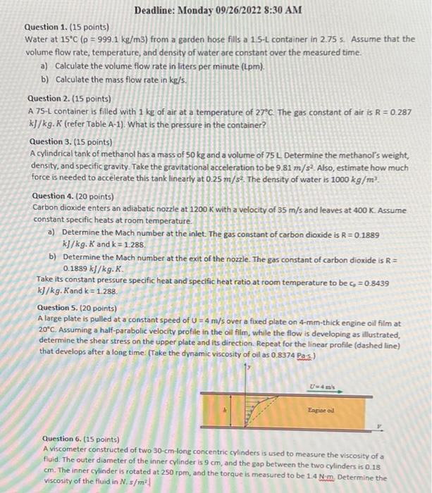Question 1. (15 points) Water at 15∘C(ρ=999.1 kg/m3) | Chegg.com