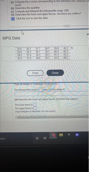 Solved The accompanying data represent the miles per gallon | Chegg.com