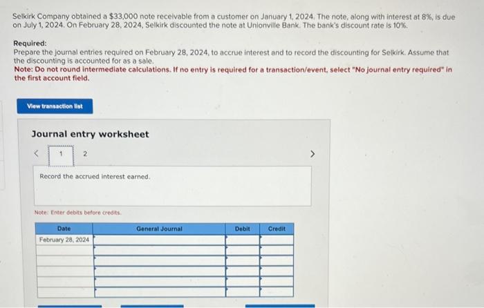 Solved Selkirk Company obtained a $33,000 note recelvable | Chegg.com