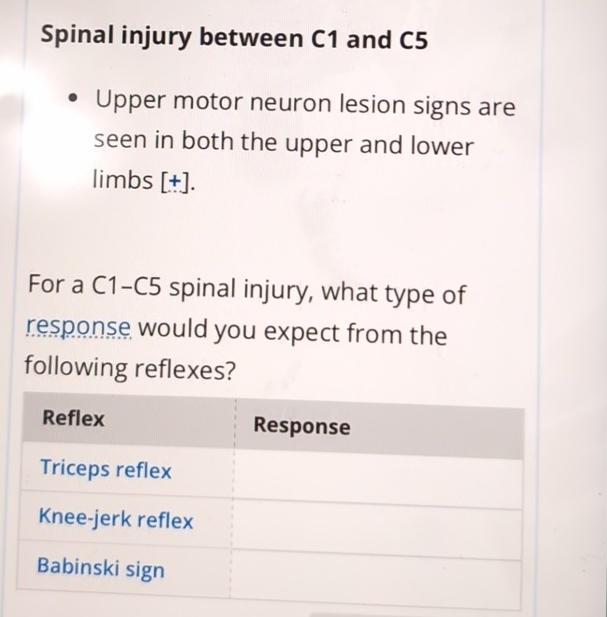 Solved Spinal injury between C1 ﻿and C5Upper motor neuron | Chegg.com