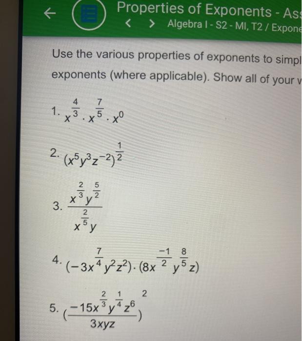 Solved Properties of Exponents - Ass Algebra I - S2-MI, | Chegg.com