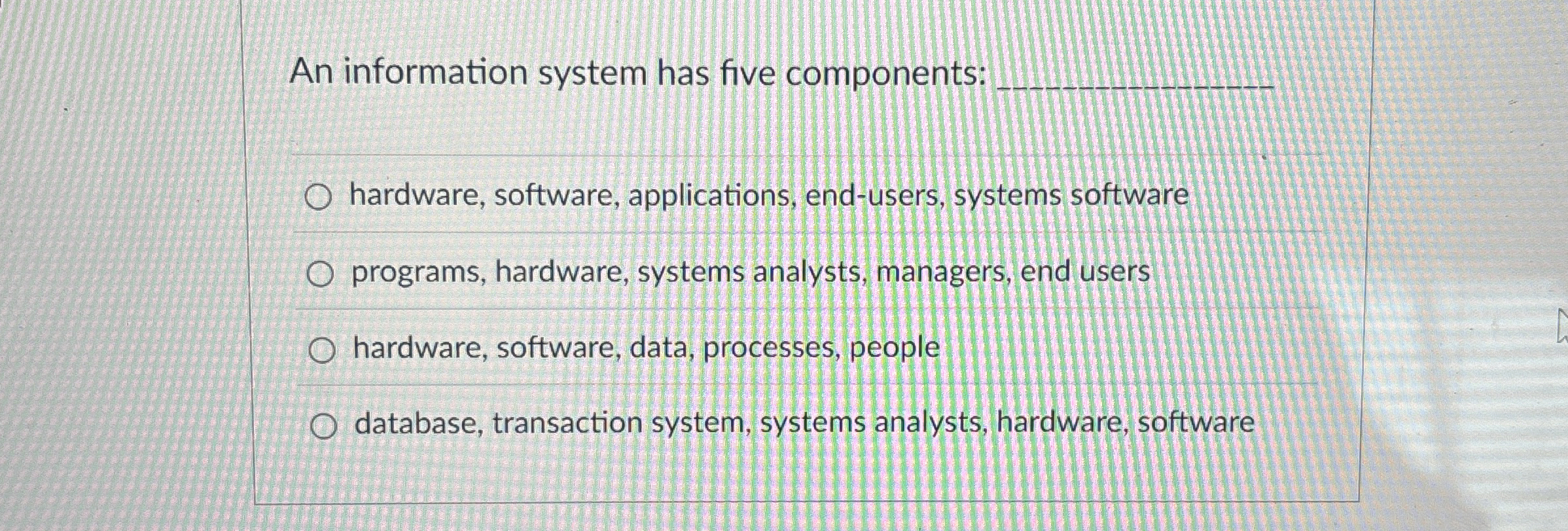 Solved An information system has five components: | Chegg.com