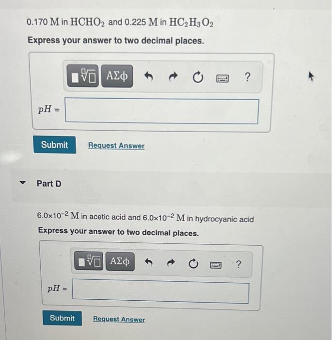 Solved 0.170M in HCHO2 and 0.225M in HC2H3O2 Express your | Chegg.com