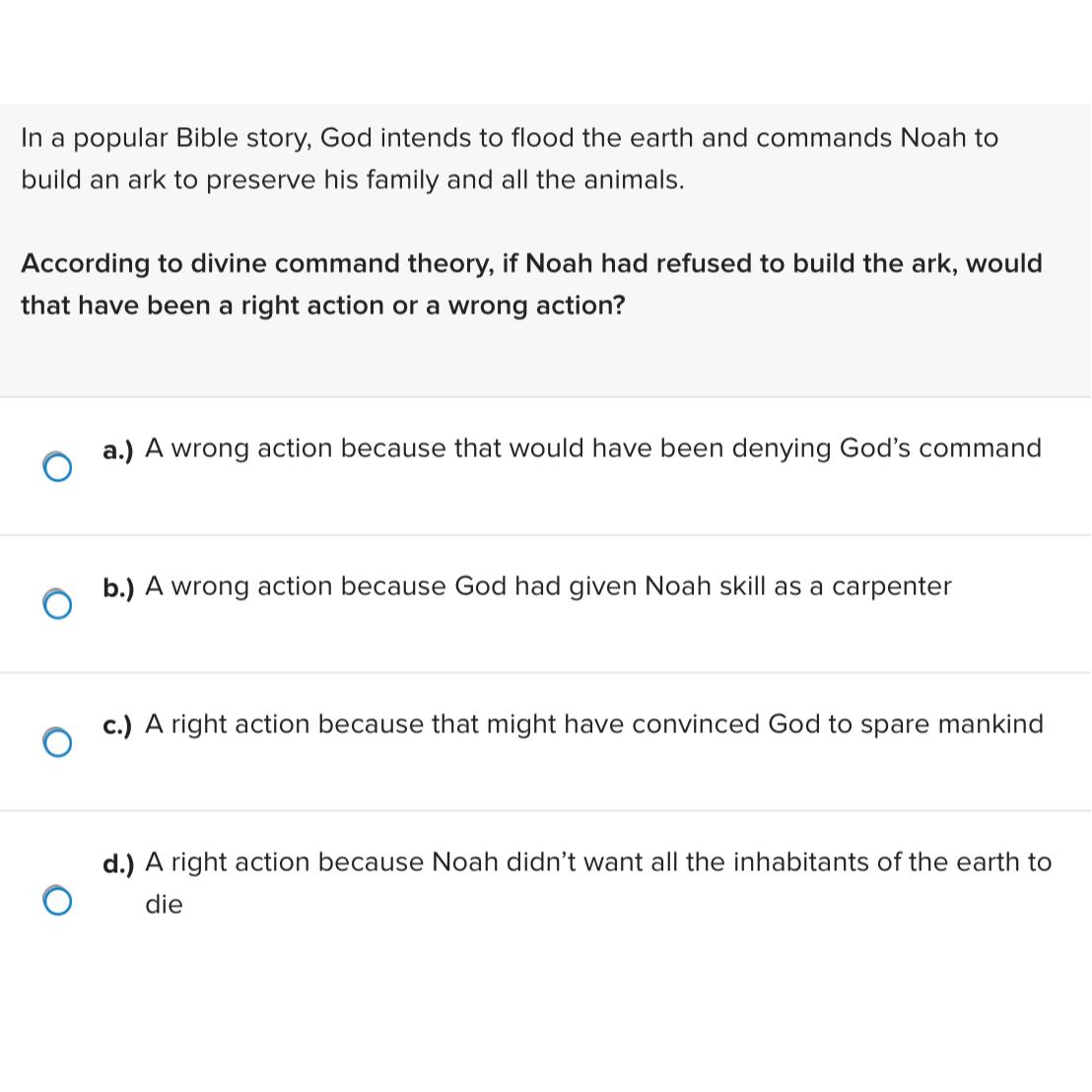 Solved In a popular Bible story, God intends to flood the | Chegg.com