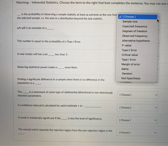 Solved Matching - Inferential Statistics. Choose the term to | Chegg.com