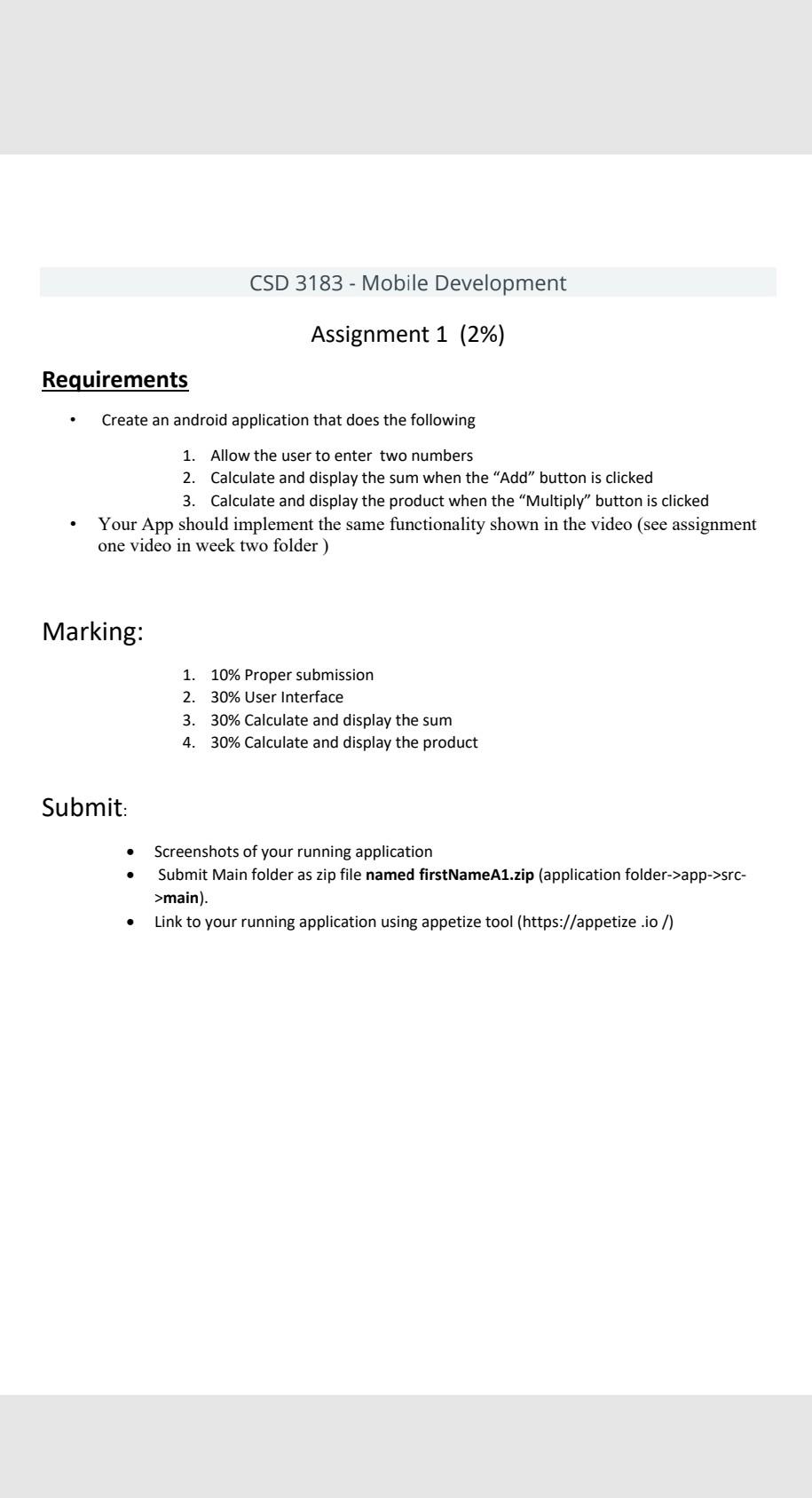Solved CSD 3183 - Mobile Development Assignment 1 (2%) | Chegg.com