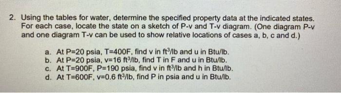 Solved 2. Using the tables for water, determine the | Chegg.com