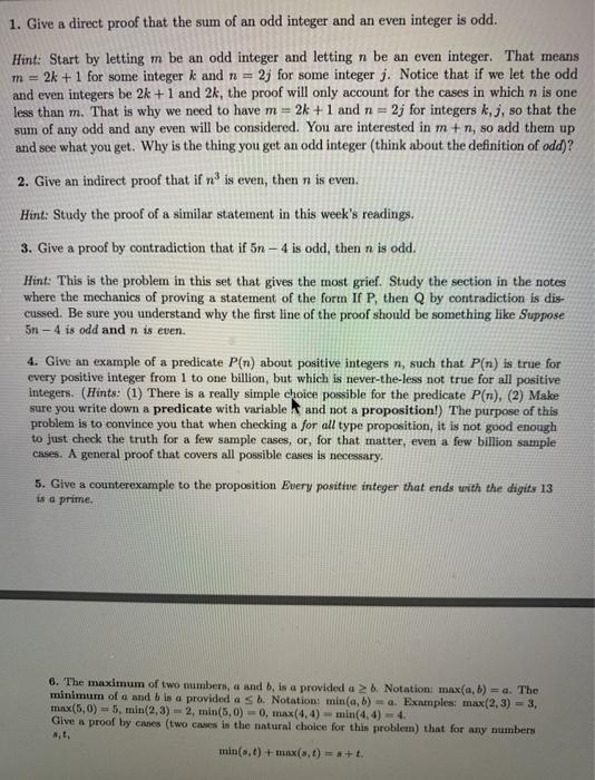Solved 1. Give a direct proof that the sum of an odd integer | Chegg.com
