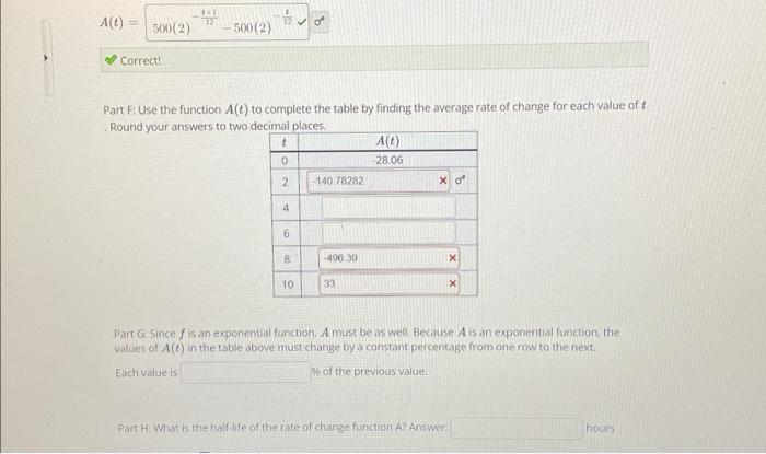 Solved Part F: Use the function A(t) to complete the table | Chegg.com
