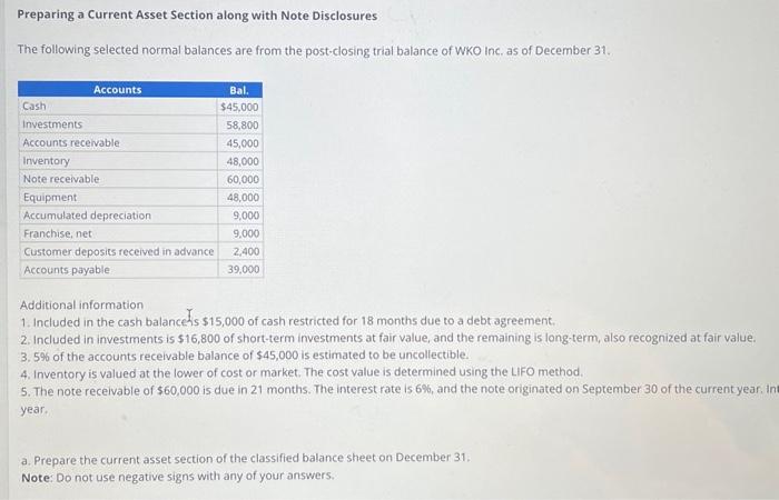 Solved Preparing a Current Asset Section along with Note | Chegg.com
