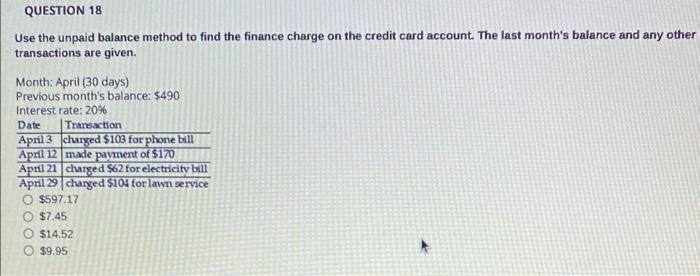 Solved Use the unpaid balance method to find the finance | Chegg.com