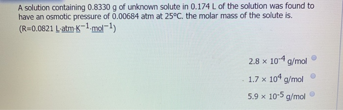 Solved A solution containing 0.8330 g of unknown solute in | Chegg.com