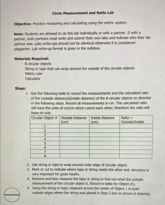 Solved Circle Measurement and Ratio Lab Objective: Practice | Chegg.com