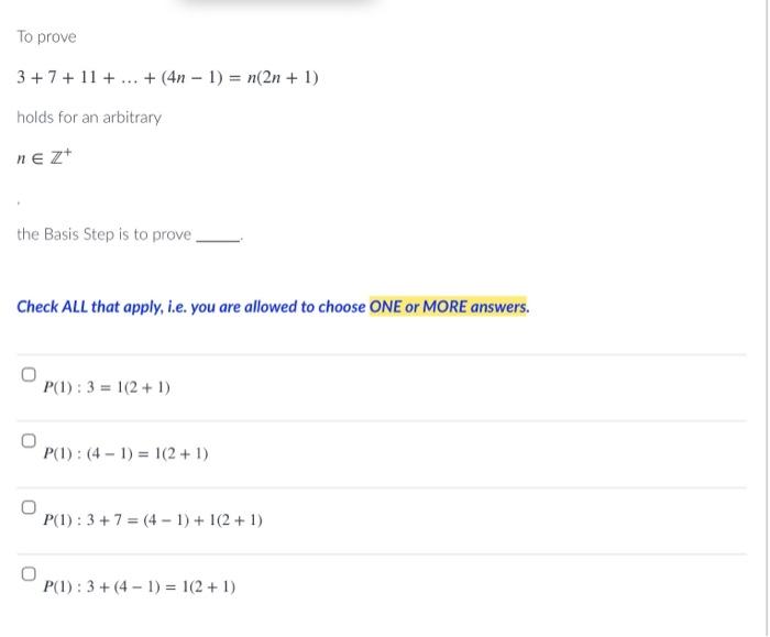 Solved To prove 3+7+11+...+(4n-1) = n(2n + 1). holds for an | Chegg.com