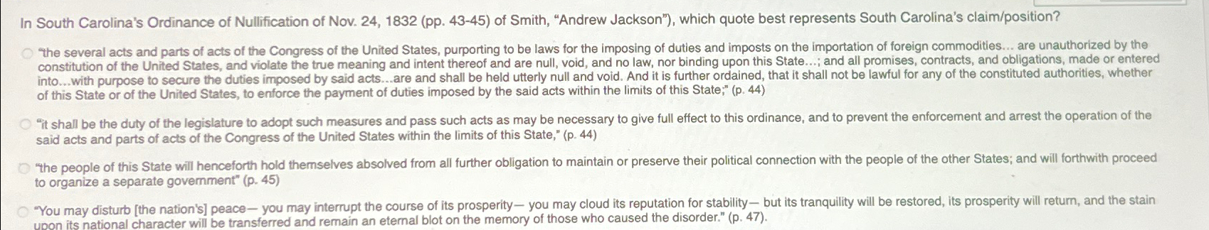 Solved In South Carolina's Ordinance of Nullification of | Chegg.com