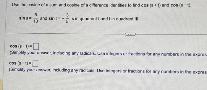 Solved Use the cosine of a sum and cosine of a difference | Chegg.com