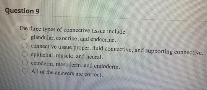 Solved Question 9 The three types of connective tissue | Chegg.com