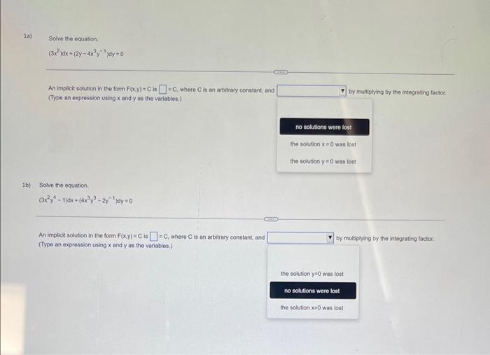 Solved 1a) Solve the equation (3x2)dx+12y−4x3y−1ydy=0 An | Chegg.com
