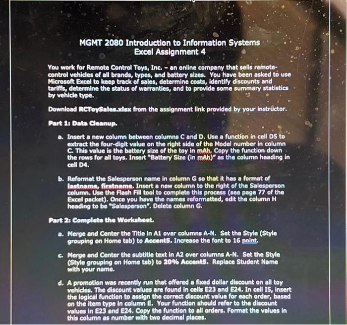 Solved MGMT 2080 Introduction to Information Systems Excel | Chegg.com