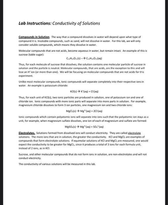 Lab Instructions: Conductivity of Solutions Compounds | Chegg.com