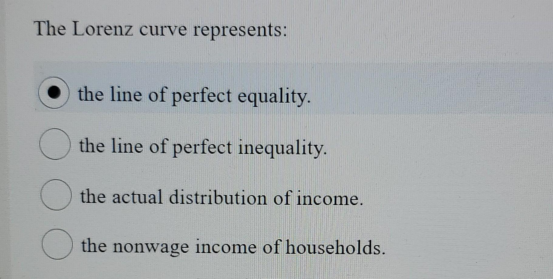 Solved The Lorenz curve represents: the line of perfect | Chegg.com