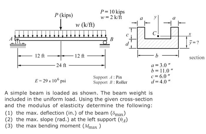 Solved P (kips) P= 10 kips w = 2 k/ft a w (k/ft) с X B y = ? | Chegg.com