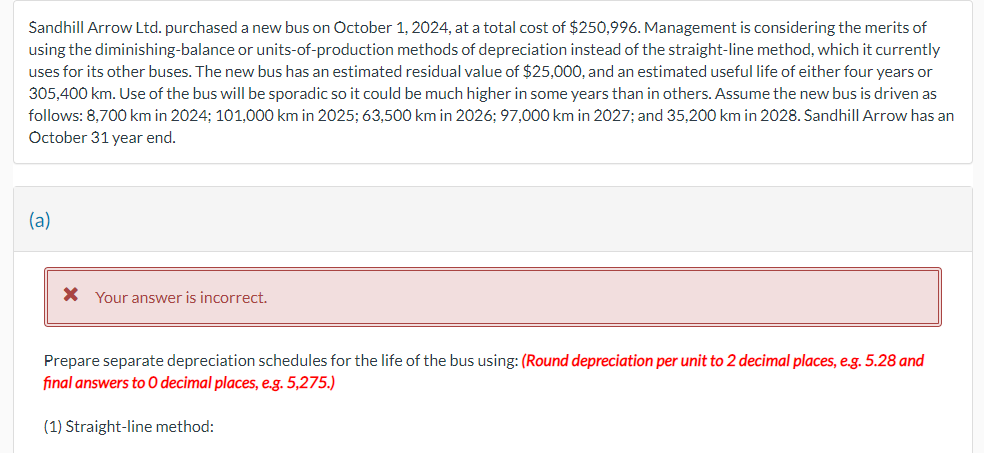 Solved Sandhill Arrow Ltd. ﻿purchased a new bus on October | Chegg.com