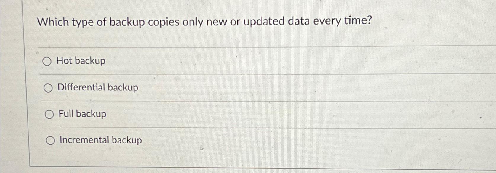 Solved Which type of backup copies only new or updated data | Chegg.com