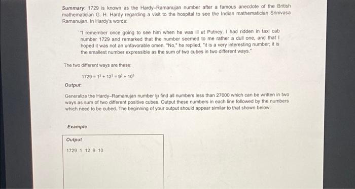 Solved Summary: 1729 is known as the Hardy-Ramanujan number | Chegg.com