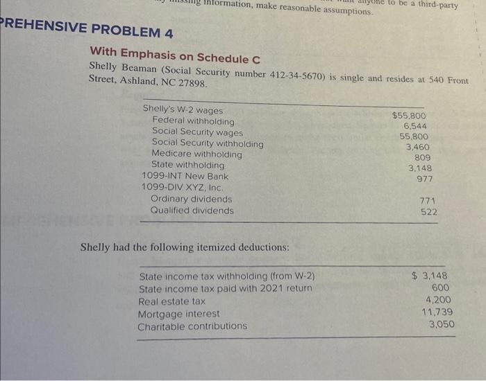 Solved VE PROBLEM 4 With Emphasis on Schedule C Shelly | Chegg.com