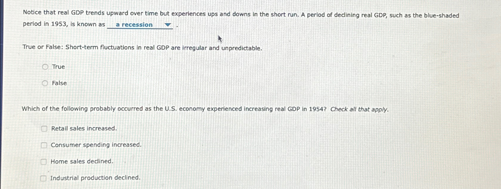 Solved Notice that real GDP trends upward over time but | Chegg.com
