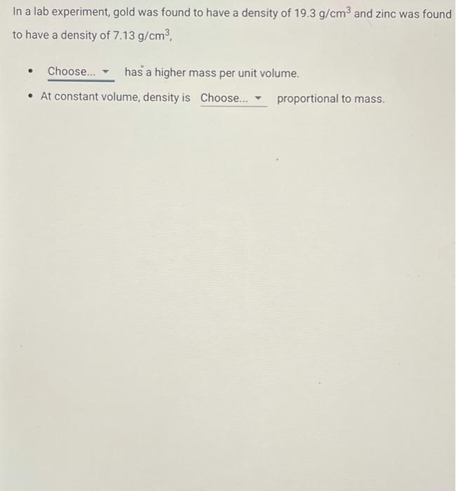 Solved In a lab experiment, gold was found to have a density | Chegg.com