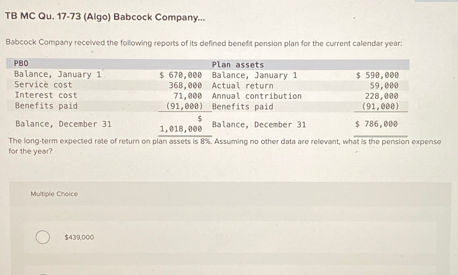 Solved TB MC Qu. 17-73 (Algo) Babcock Company...Babcock | Chegg.com Solved TB MC Qu. 17-73 (Algo) Babcock Company...Babcock | Chegg.com