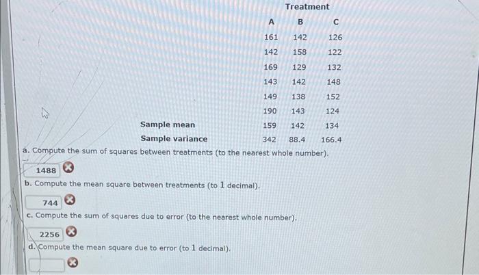 Solved a. Compute the sum of squares between treatments (to | Chegg.com