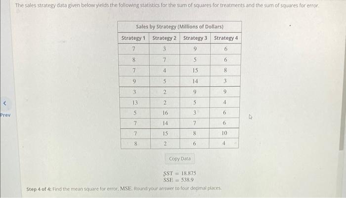 Solved The sales strategy data given below yields the | Chegg.com