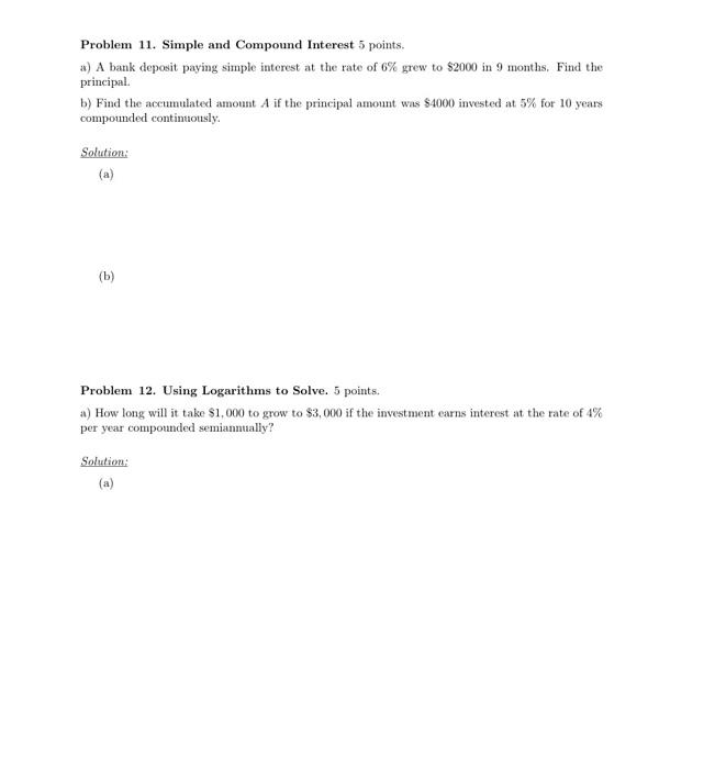 Solved Problem 11. Simple and Compound Interest 5 points. a) | Chegg.com