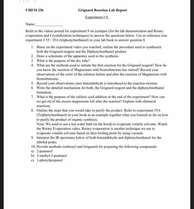 Solved CHEM 236 Grignard Reaction Lab Report Experiment # 9. | Chegg.com