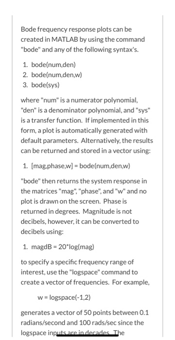 Solved Bode frequency response plots can be created in | Chegg.com