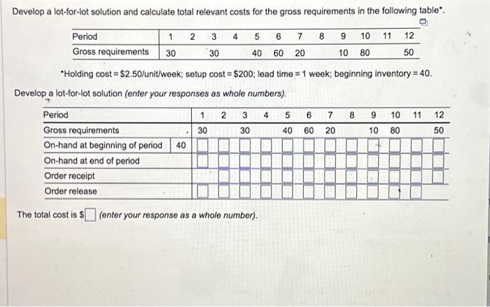 Solved Develop a lot-for-lot solution and calculate total | Chegg.com